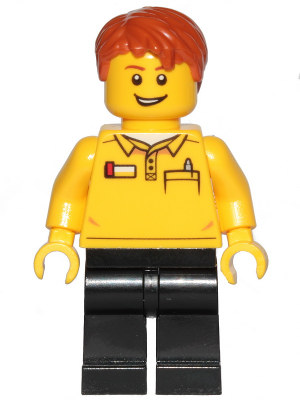 LEGO Store Employee, Black Legs, Dark Orange Tousled Hair, Lopsided Gr ...